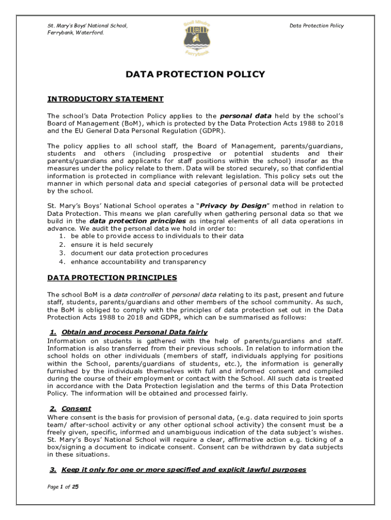 Fillable Online DATA PROTECTION POLICY - St Mary's Boys' National ...