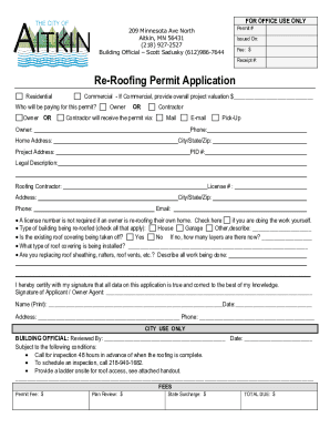 Fillable Online Re-Roofing Permit Application - City of Aitkin Fax ...