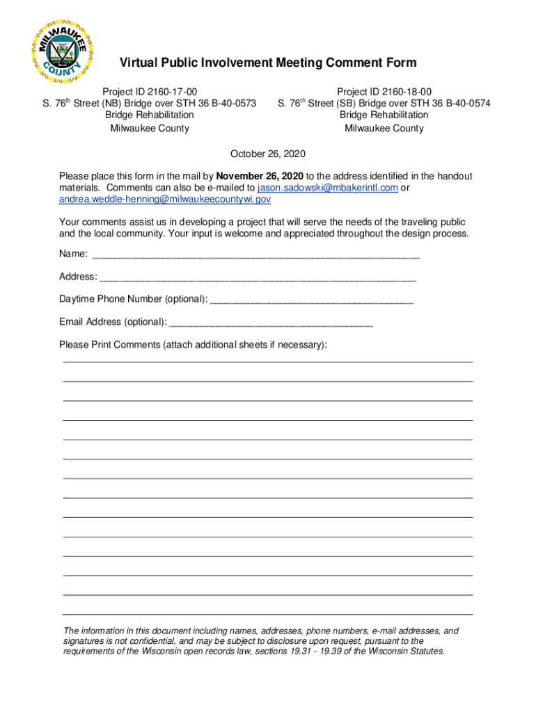 Fillable Online county milwaukee Virtual Public Involvement - Federal ...