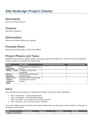 Site Redesign Project Charter Doc Template | pdfFiller