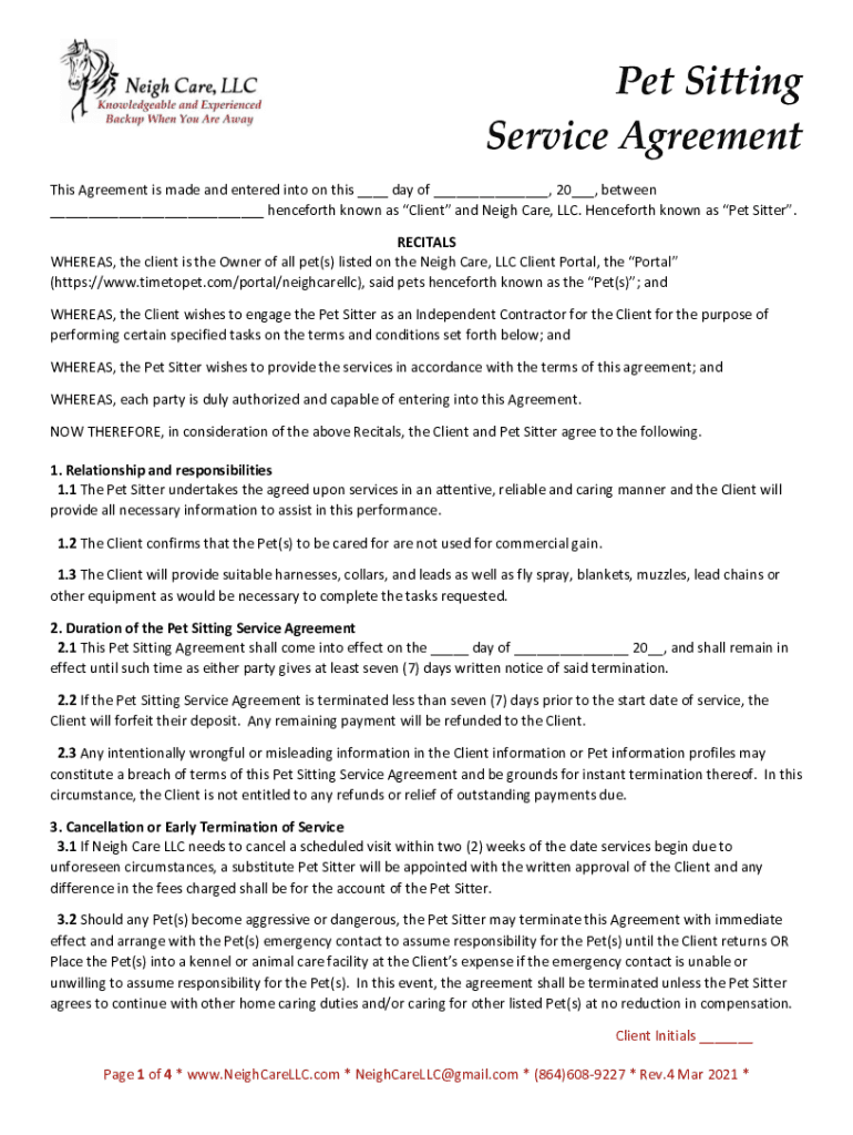 Fillable Online Pet sitting agreementHow to guide Fax Email Print - pdfFiller