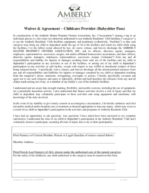 Fillable Online Waiver & Agreement Childcare Provider (Babysitter Pass) Fax Email Print - pdfFiller