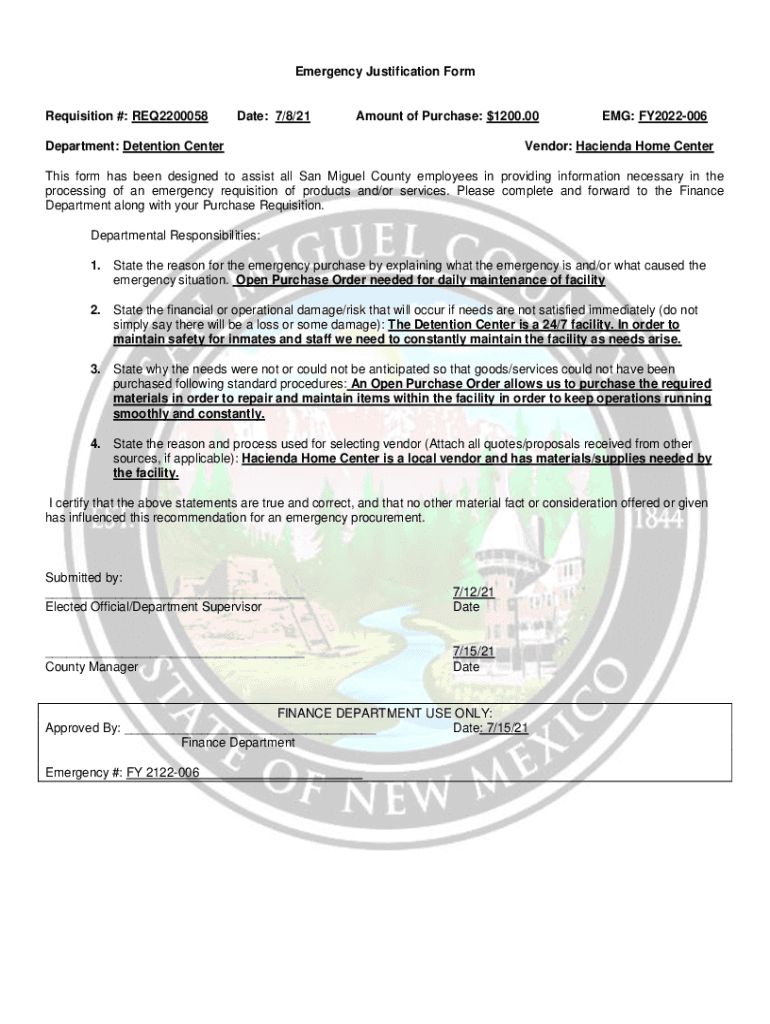 Fillable Online Emergency Justification Form - Department: Sapello VFD ...