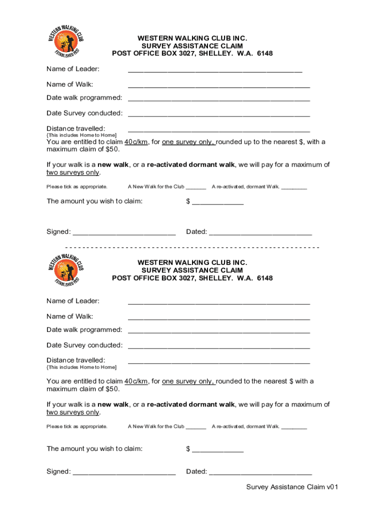 Fillable Online Survey Assistance Claim v01 WESTERN WALKING CLUB ...