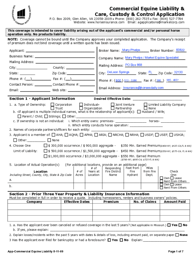 Fillable Online Commercial Equine Liability Application 2-10-11.pdf Fax ...