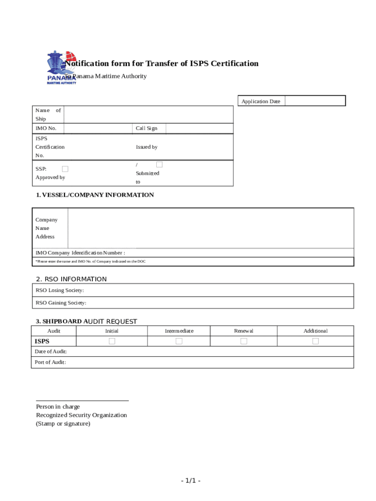 Notification for Transfer of ISPS Certification Doc Template | pdfFiller