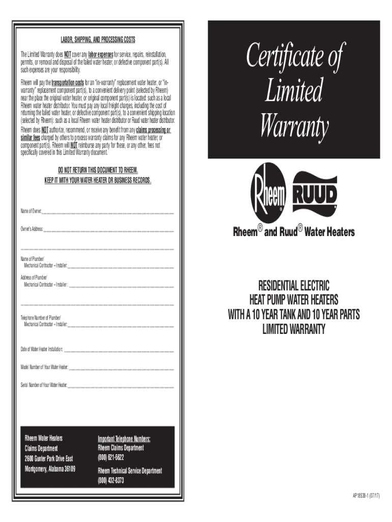 Fillable Online The Limited Warranty does NOT cover any labor expenses for service, repairs ...