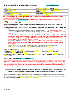 Individual Plan Signature Sheet Doc Template | pdfFiller