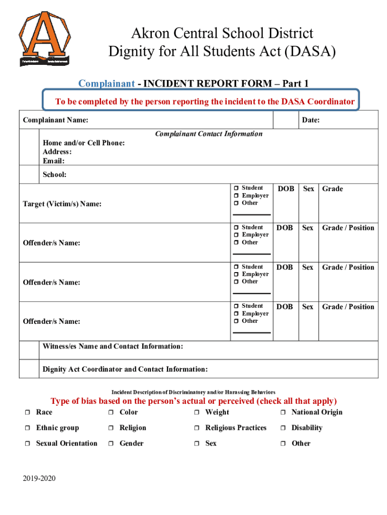 Fillable Online Dignity for All Students Act- (DASA) Incident Reporting ...