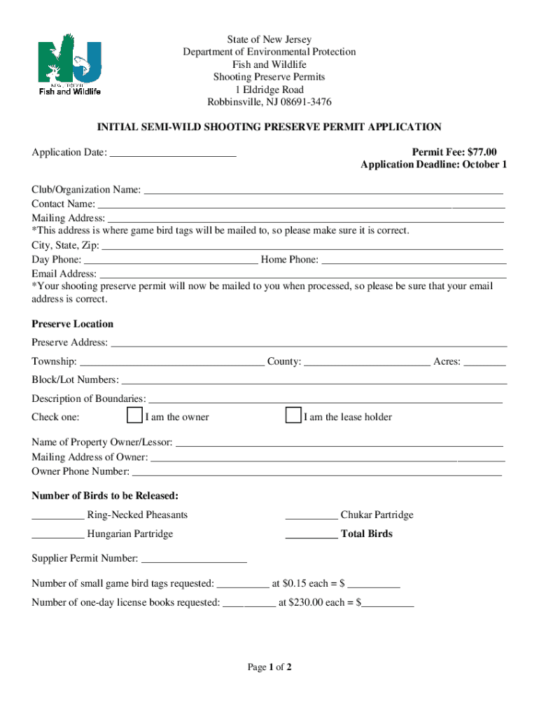 Fillable Online Initial Semi-Wild Shooting Preserve Permit Application ...