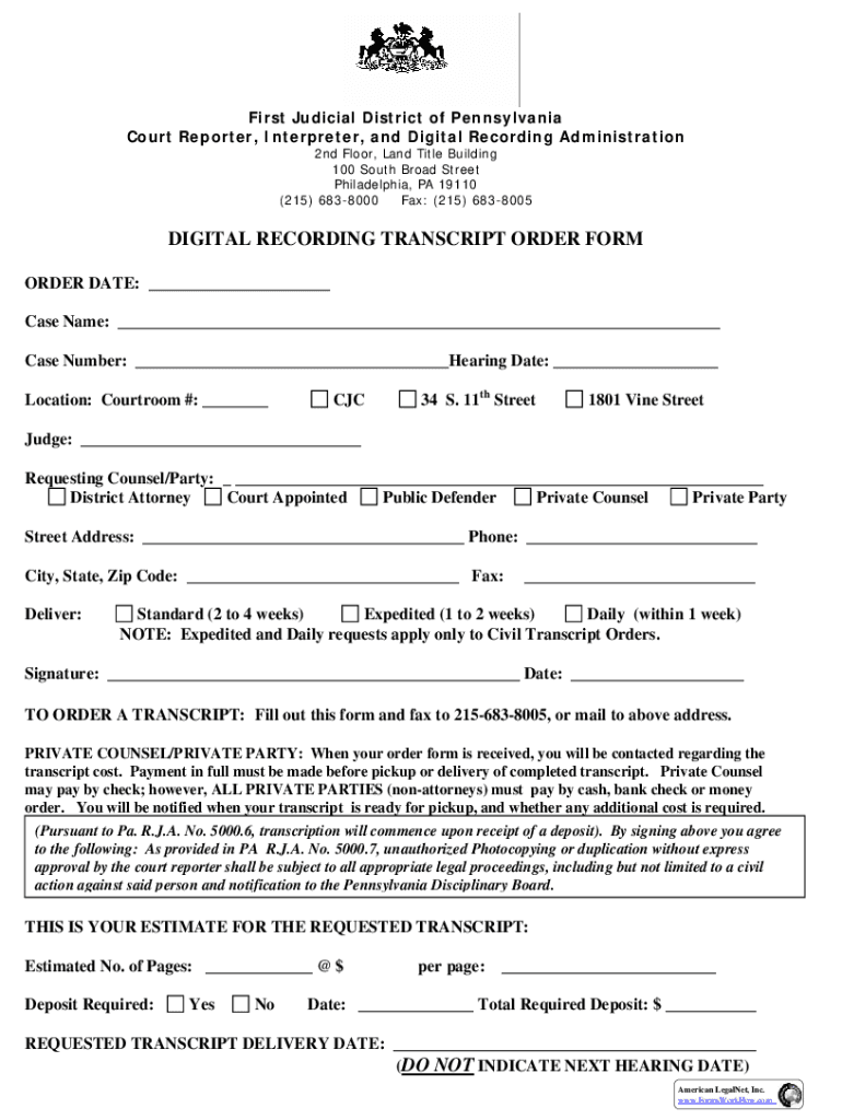 Fillable Online Digital Recording Transcript Order Form.9.08doc.doc Fax ...