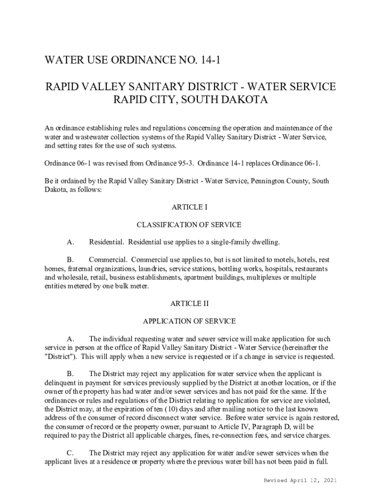 Fillable Online WATER USE ORDINANCE NO. 14-1 ... Fax Email Print ...