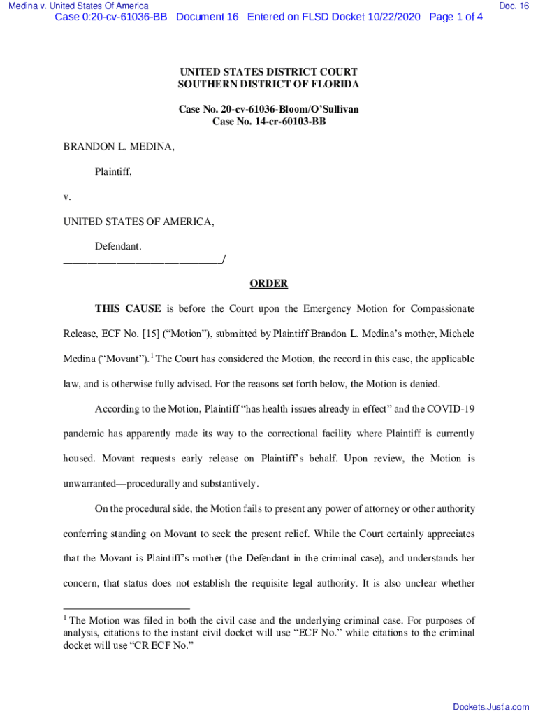 Fillable Online ORDER denying 15 Emergency Motion for Compassionate ...