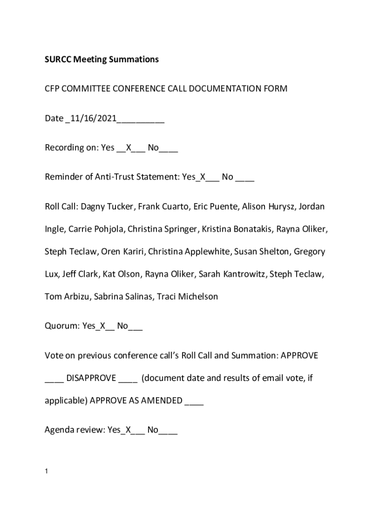 Fillable Online CFP COMMITTEE CONFERENCE CALL DOCUMENTATION FORM Fax Email Print - pdfFiller