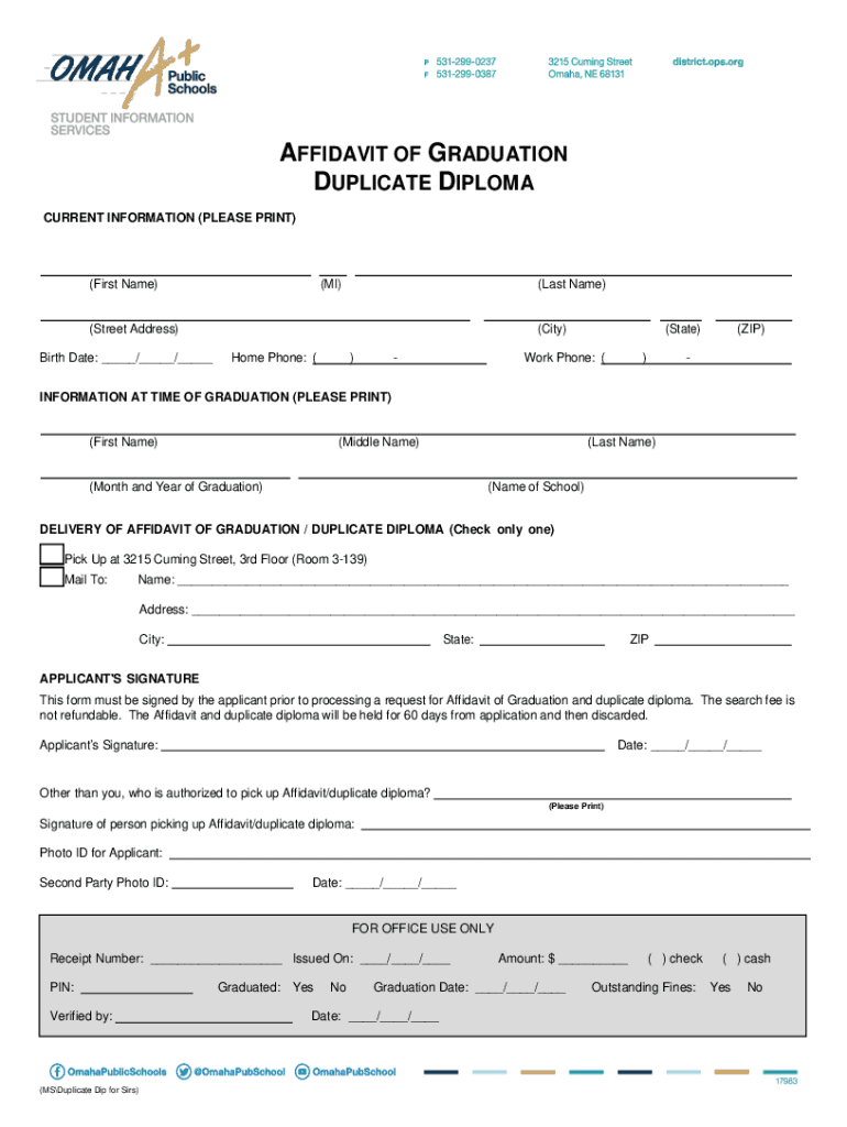 Fillable Online Affidavit Of Graduation Duplicate Diploma Fax Email Print Pdffiller