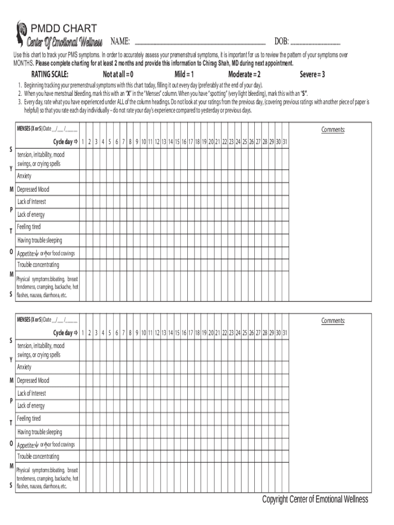 Fillable Online PMS Symtoms Tracker Chart. Use this chart to track your ...
