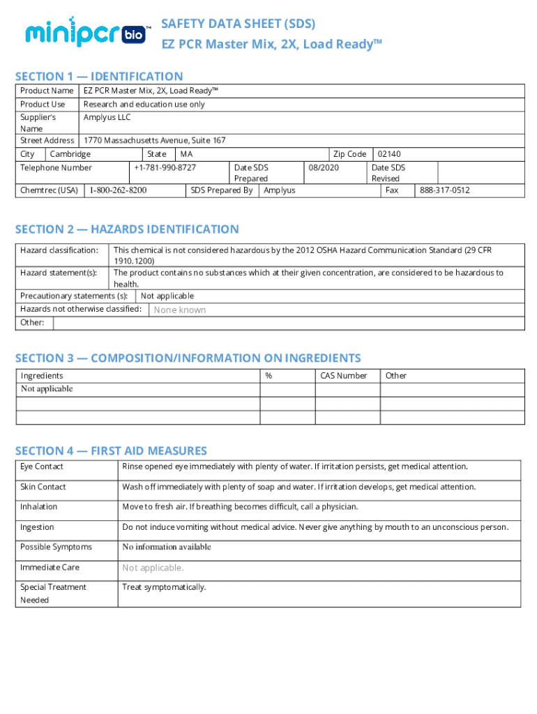 Fillable Online Taq PCR Master Mix Plus Kit - SAFETY DATA SHEET Fax ...