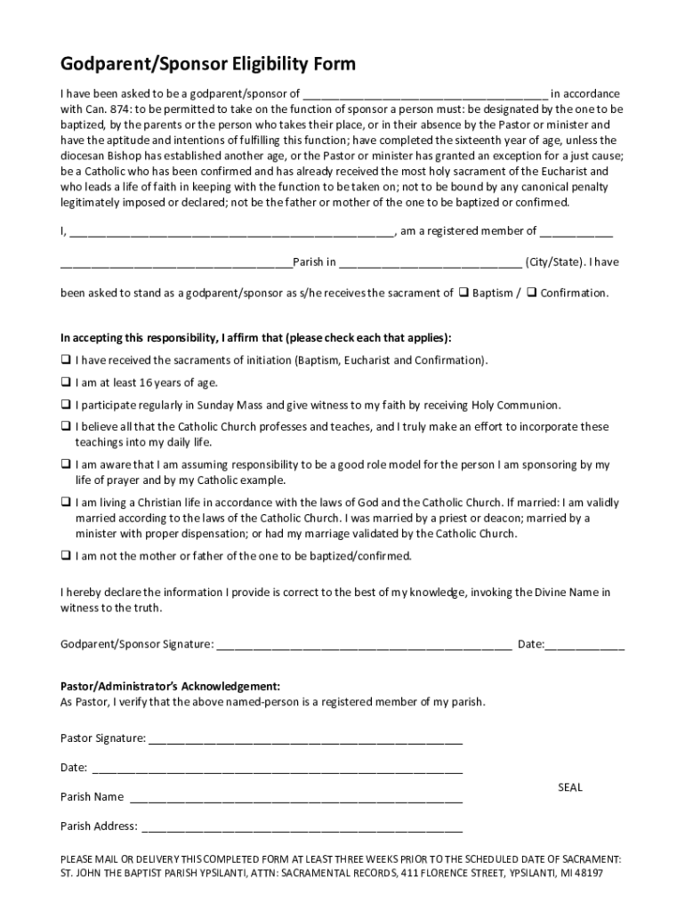 Fillable Online Godparent/Sponsor Eligibility Form - St. Luke Catholic ...