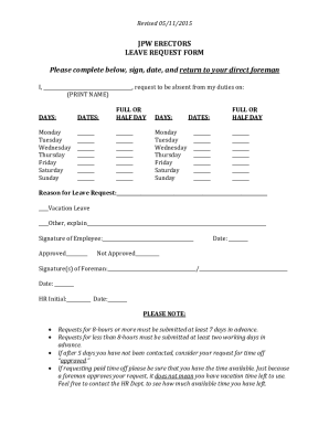 Fillable Online JPW LEAVE REQUEST FORM Fax Email Print - pdfFiller