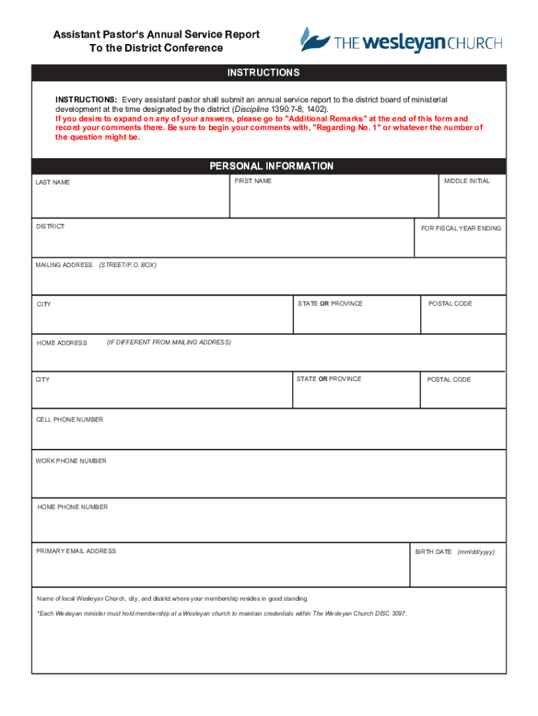 Fillable Online Assistant Pastor's Annual Service Report To the ...