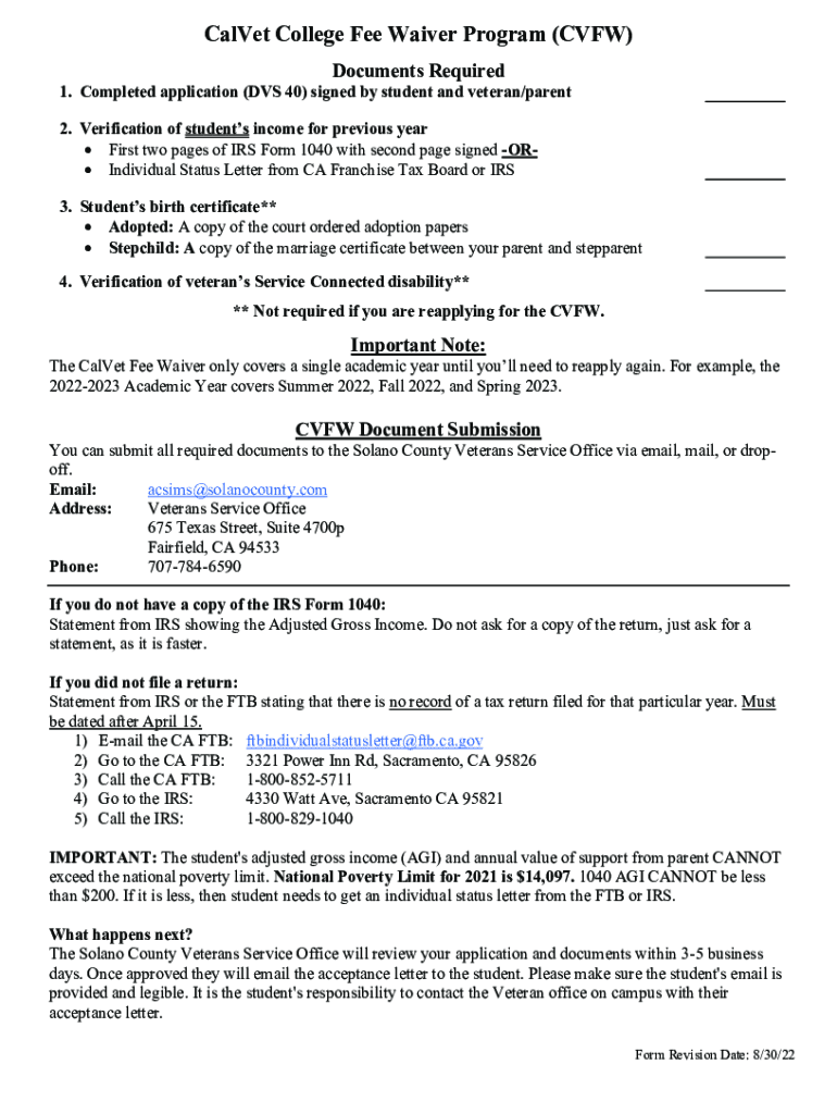 Fillable Online State of California CalVet College Fee Waiver Program ...