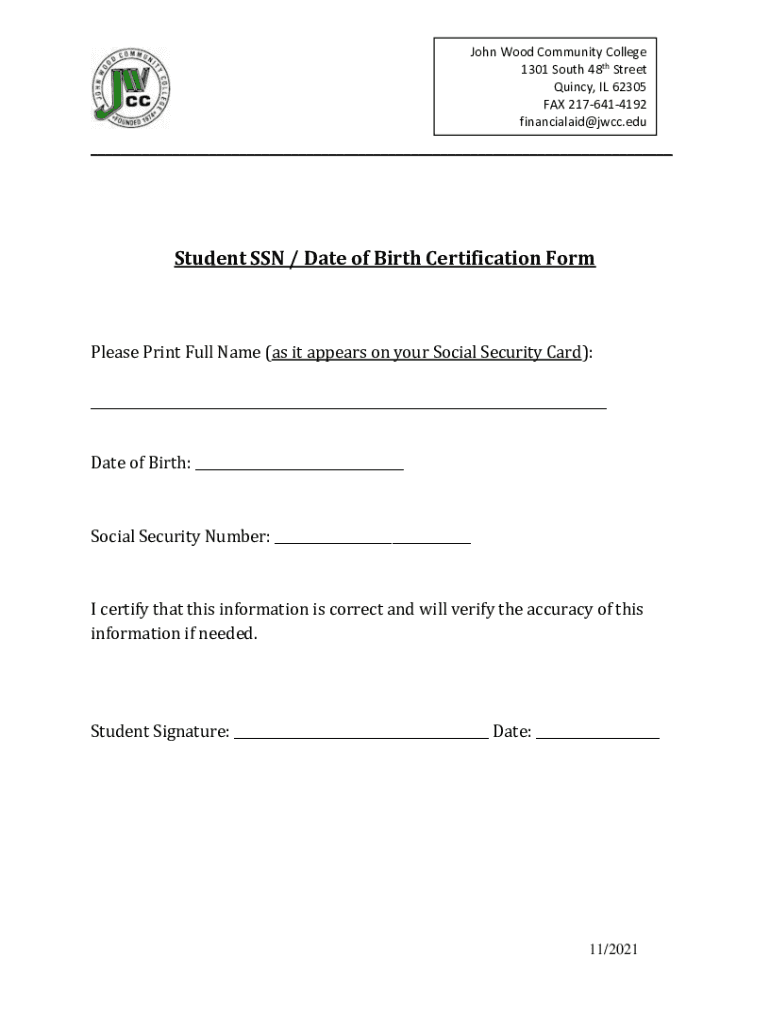 Fillable Online Student SSN / Date of Birth Certification Form Fax ...