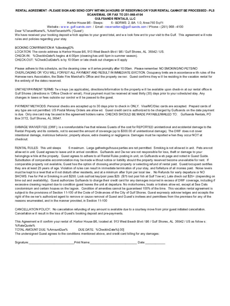 Fillable Online RENTAL AGREEMENT - PLEASE SIGN AND SEND COPY WITHIN 24 HOURS OF RESERVING OR ...