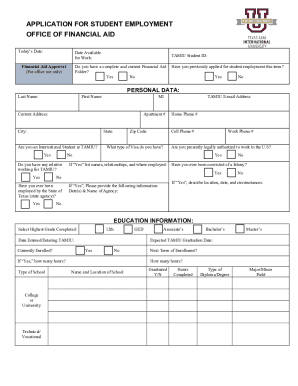 Fillable Online APPLICATION FOR STUDENT EMPLOYMENT OFFICE OF ... Fax ...