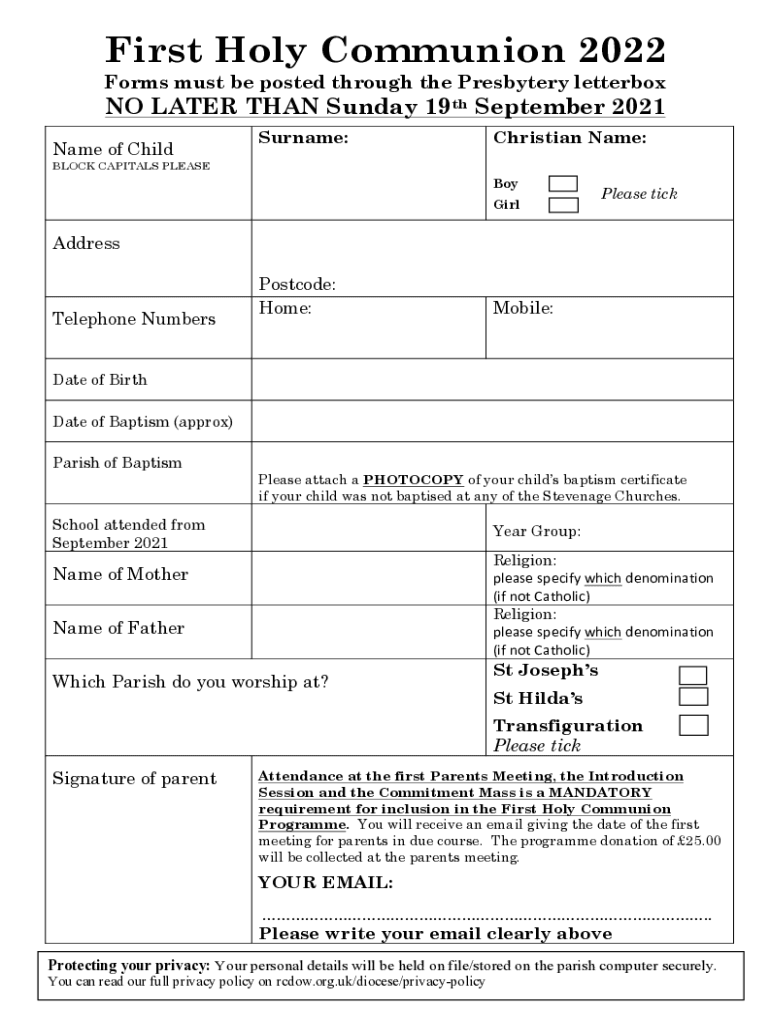 Fillable Online parish rcdow org FIRST HOLY COMMUNION 2022/23 ...