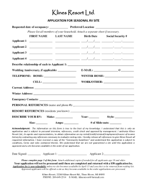 Fillable Online Klines ResortRV Resort and Campground in Three Rivers ...