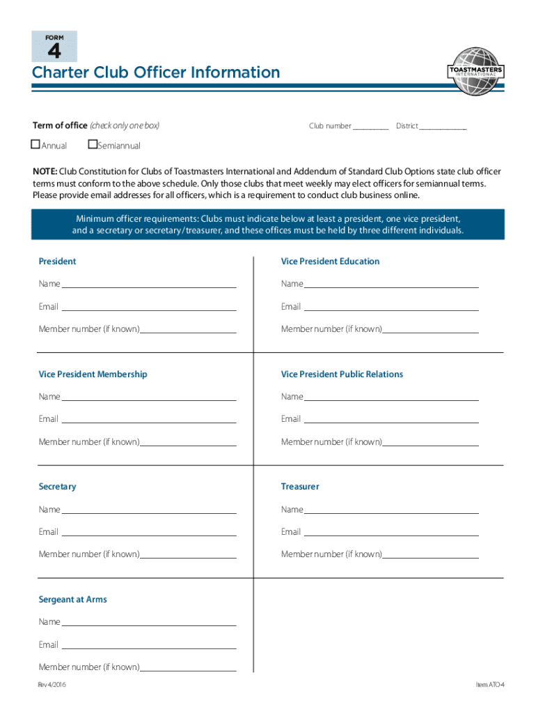 Fillable Online Charter Club Officer Information (Form 4) Fax Email ...