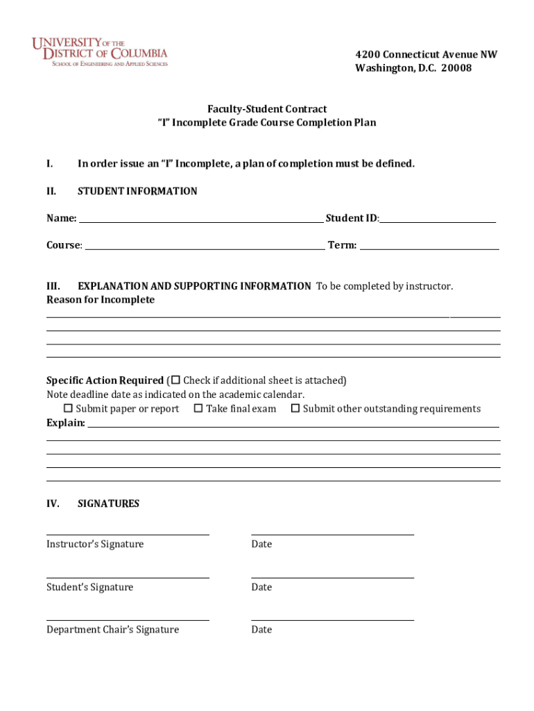 Fillable Online I Incomplete Grade Course Completion Plan I. Fax Email ...