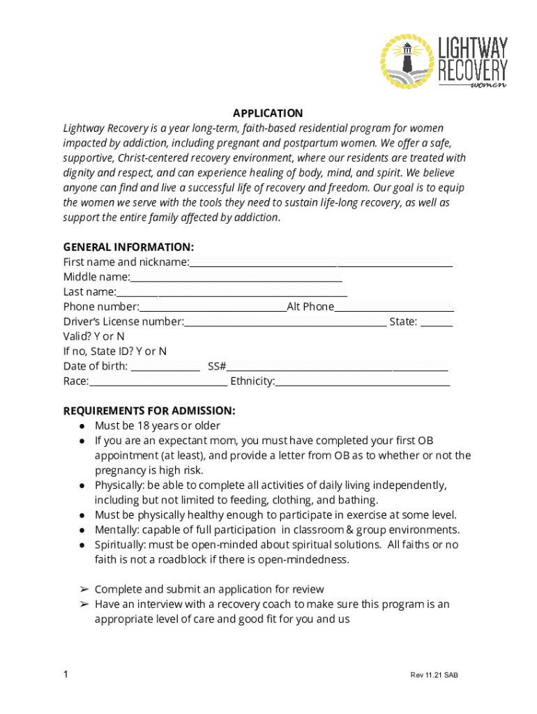 Fillable Online Lightway Recovery Intake Application vs 11.21 Fax Email ...