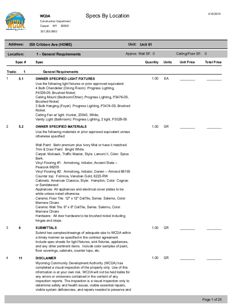 Fillable Online Specs By Location Fax Email Print - pdfFiller
