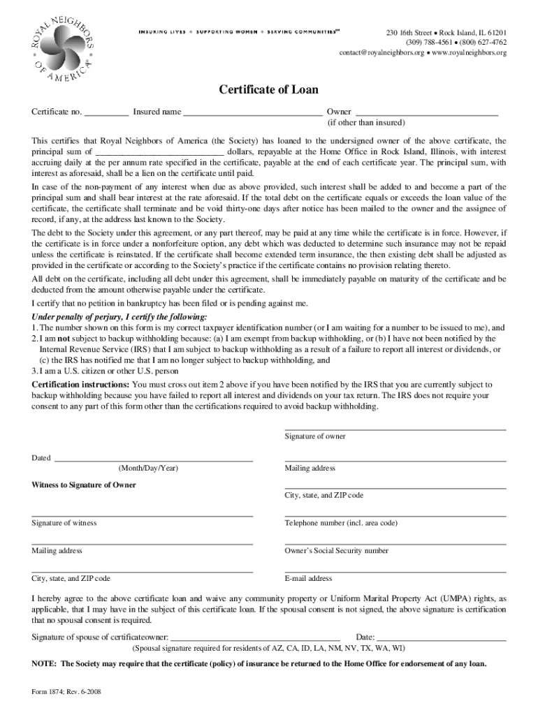Fillable Online Certificate of Loan Form, Form 1874. Certifcate of Loan ...