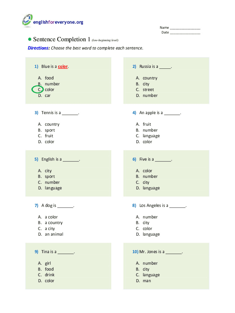 Fillable Online Sentence Completion 1 (low-beginning level) Fax Email Print - pdfFiller