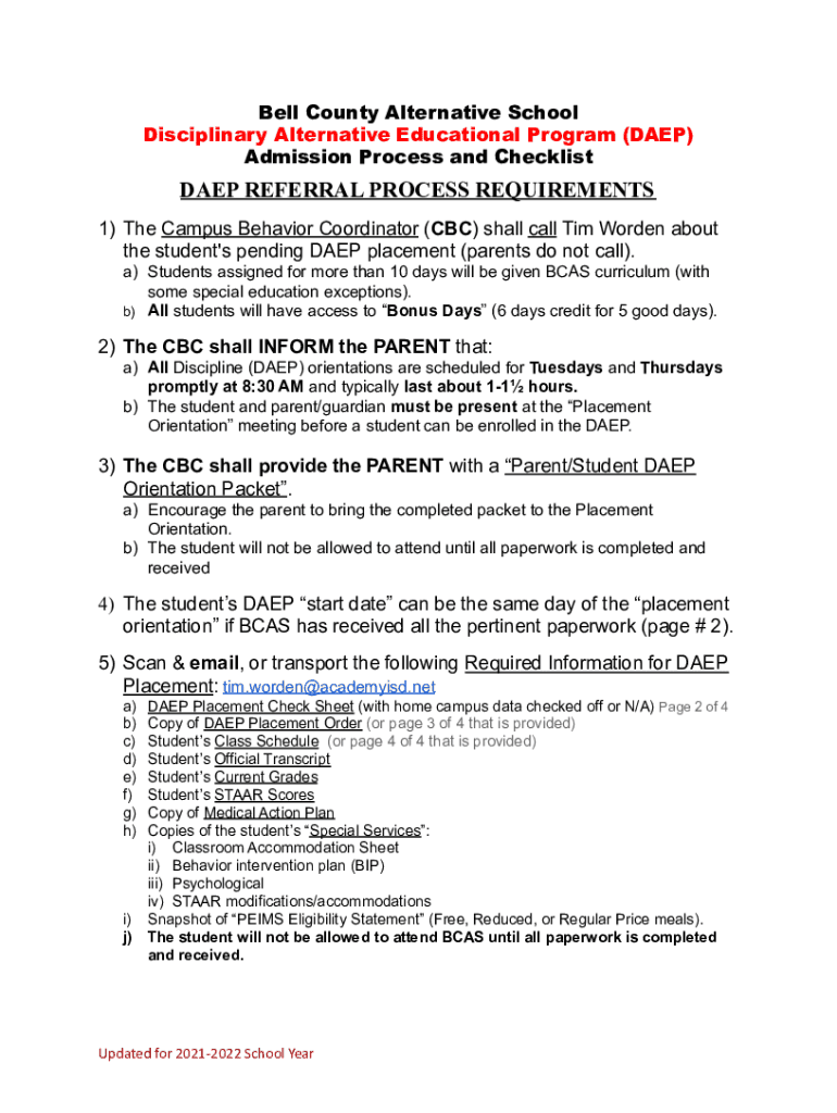 Fillable Online Disciplinary Alternative Educational Program (DAEP) Fax ...