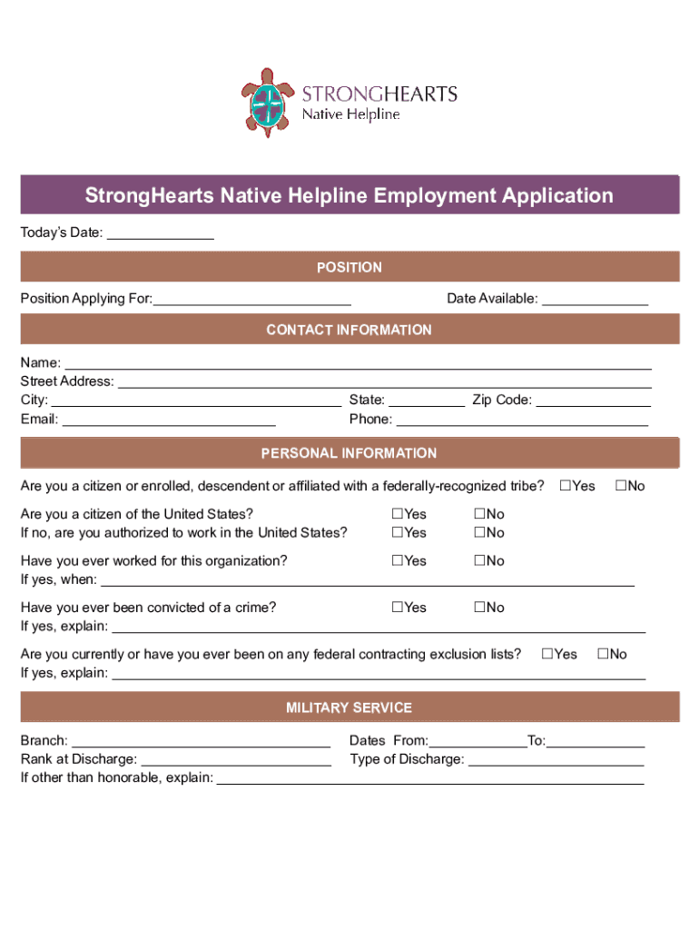 Fillable Online StrongHearts Native Helpline Employment Application Fax Email Print - pdfFiller