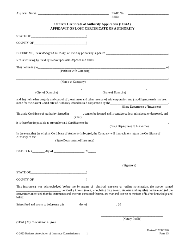 ucaa affidavit of lost certificate of authority Doc Template | pdfFiller