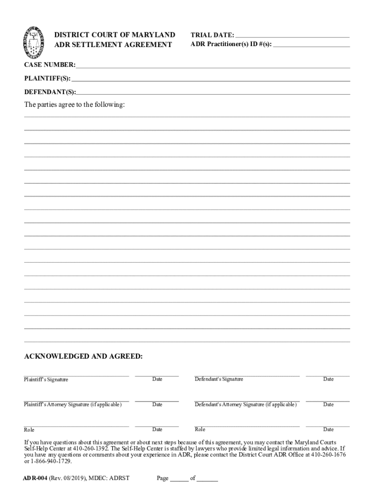 Fillable Online district court of maryland pre-trial adr settlement ...