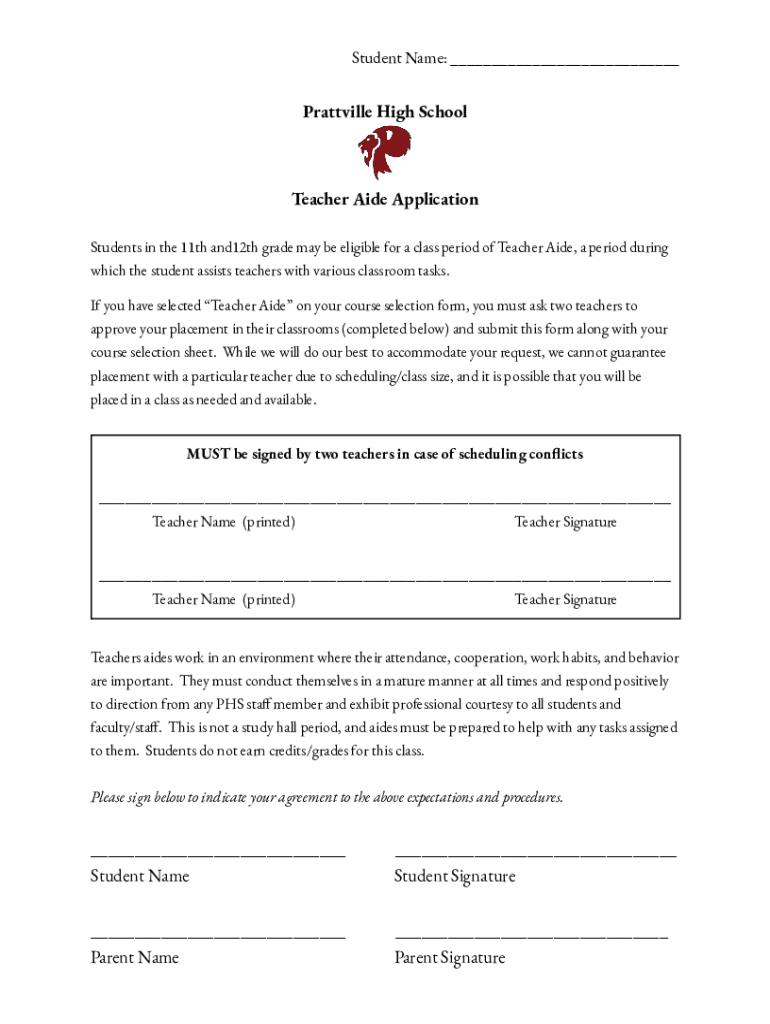Fillable Online Student Name: - Prattville High School Teacher Aide ...