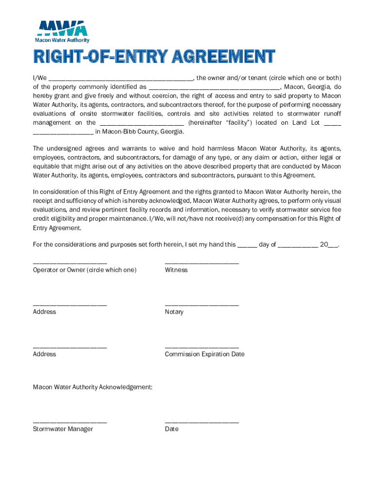 Fillable Online RIGHT-OF-ENTRY AGREEMENT Fax Email Print - pdfFiller