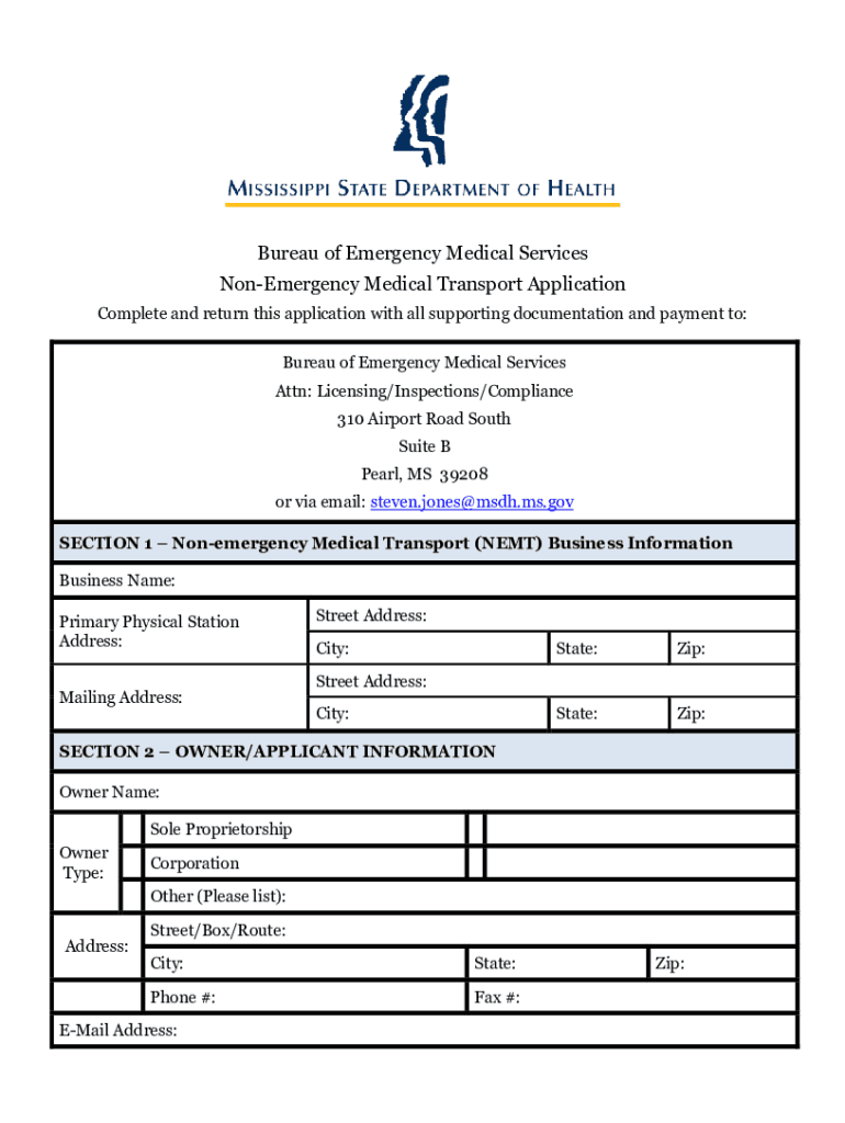 Fillable Online msdh ms Bureau of Emergency Medical Services Non-Emergency Medical ... Fax Email ...
