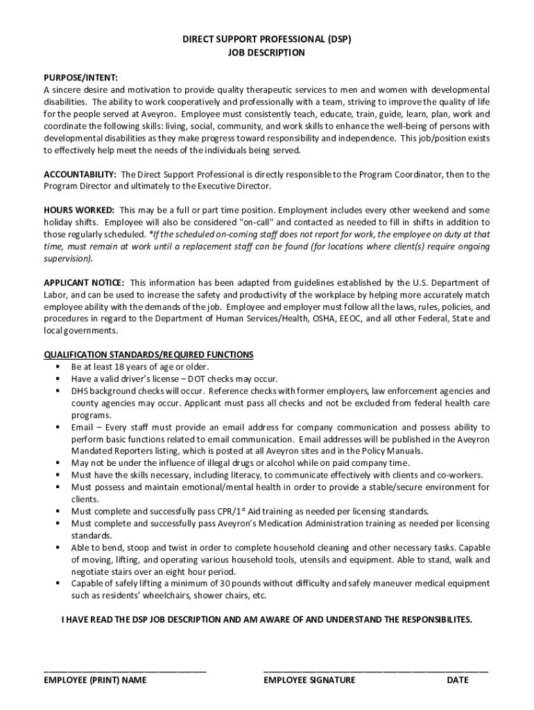 Fillable Online Direct Support Professional (DSP) Job Description ...