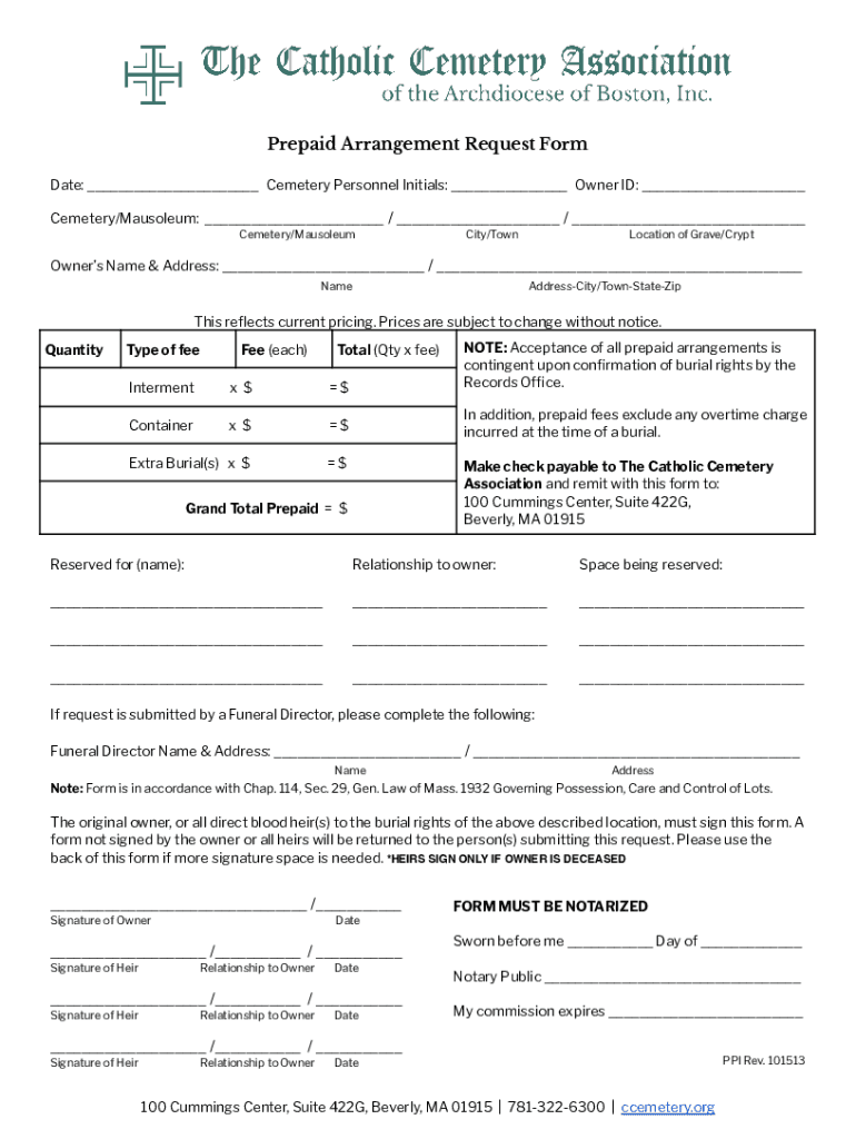 Fillable Online Prepaid Arrangement Request Form - Catholic Cemetery ...
