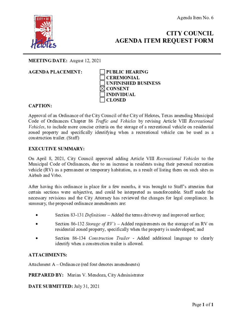 Fillable Online Approval of an Ordinance of the City Council of the ...