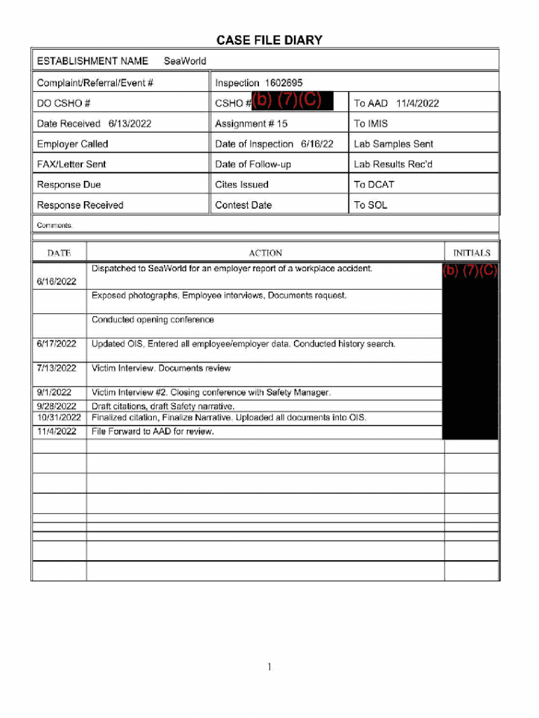 Fillable Online CASE FILE DIARY Fax Email Print - pdfFiller