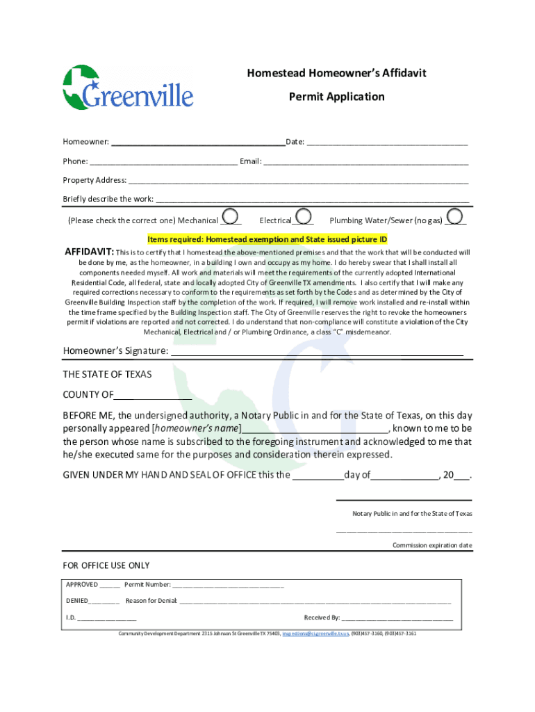 Fillable Online Homestead Homeowner's Affidavit Permit Application Fax ...
