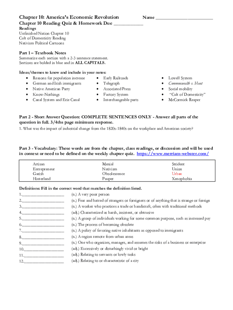 Fillable Online Chapter 10: America's Economic Revolution Quiz Fax ...