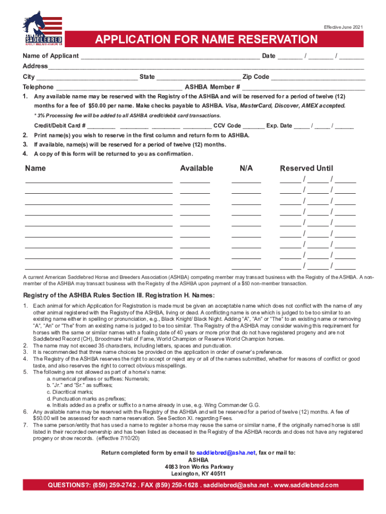 Fillable Online Application for Reservation of Name for Domestic and ...